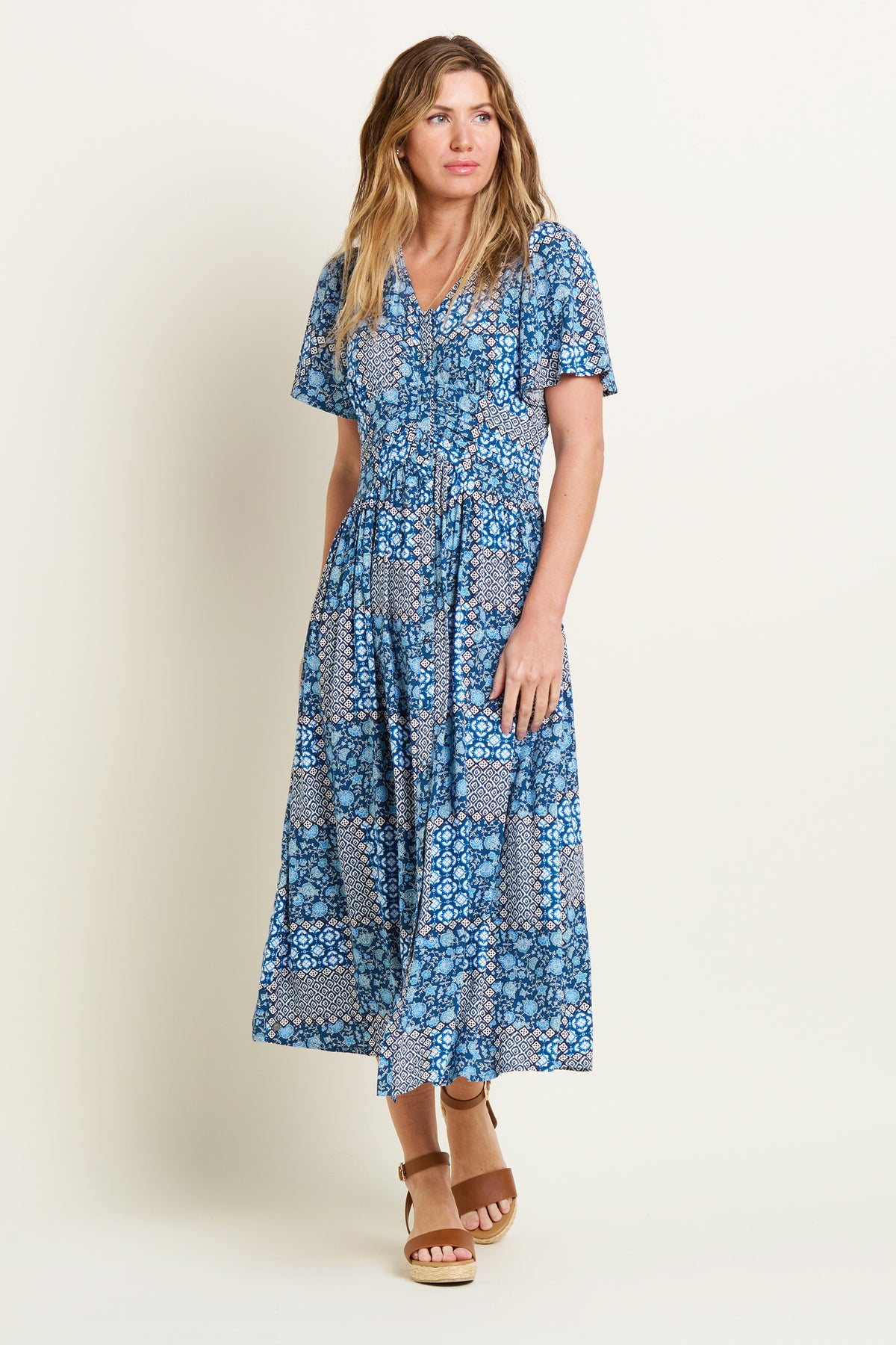 Women's Blue Folk Floral Patchwork Dress | Brakeburn