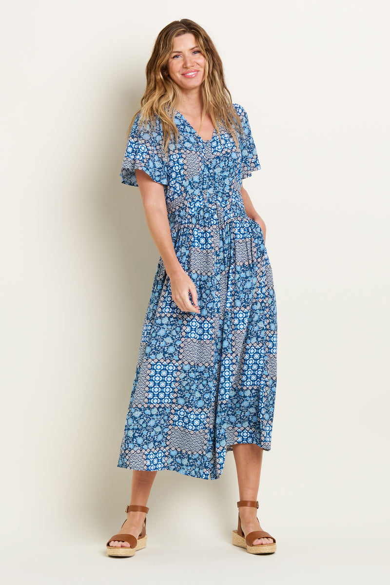 Women's Blue Folk Floral Patchwork Dress | Brakeburn