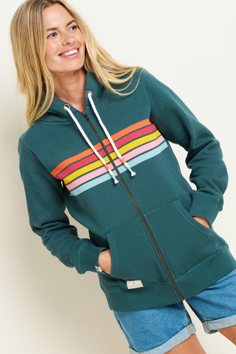Women's Teal Retro Stripe Zip Thru Hoodie | Brakeburn